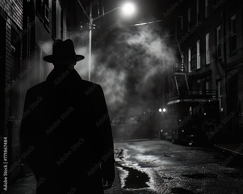 Lone detective in a dark urban street under a flickering light poised ...