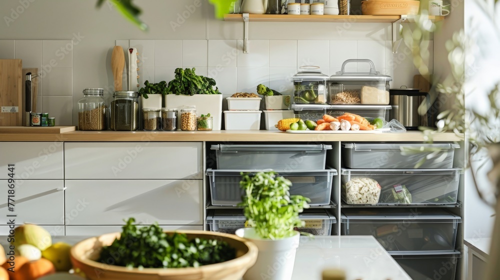 An image showcasing a modern, zero-waste kitchen setup with bulk bins ...