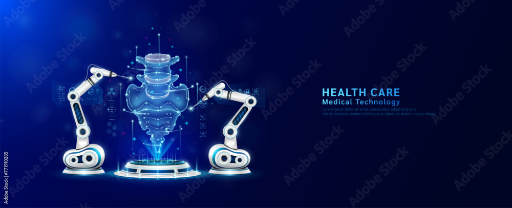 Robot arms operating healing sacrum bone on the podium. Robotic surgery ...