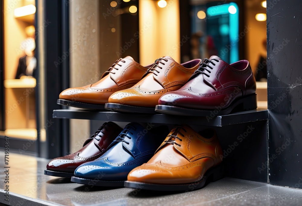 Men's shoes showcased in a shop window with a shallow depth of field ...