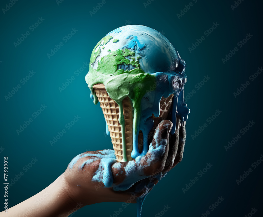 Earth ice cream melting with climate change or global warming concepts ...