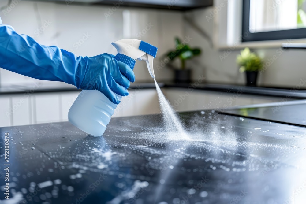 Sanitizing kitchen table surface with disinfectant spray bottle - covid ...