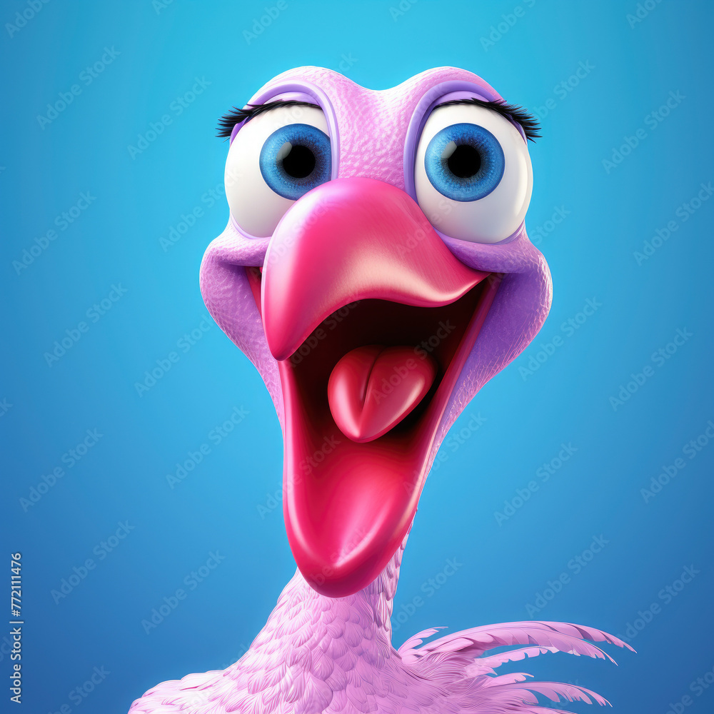 A cartoon bird with pink feathers and blue eyes is smiling and making a ...
