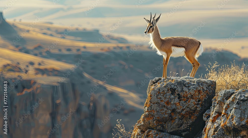 Antelope standing on a cliff, overlooking vast landscapes, illustrating ...