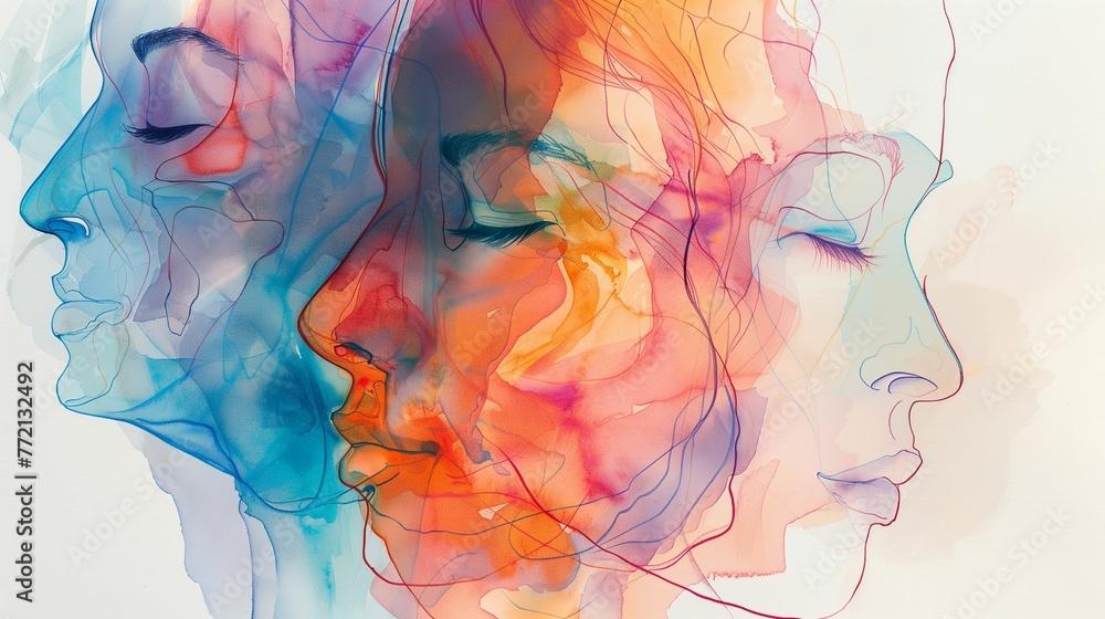 Abstract watercolor portraits overlaid with vibrant colors and flowing ...
