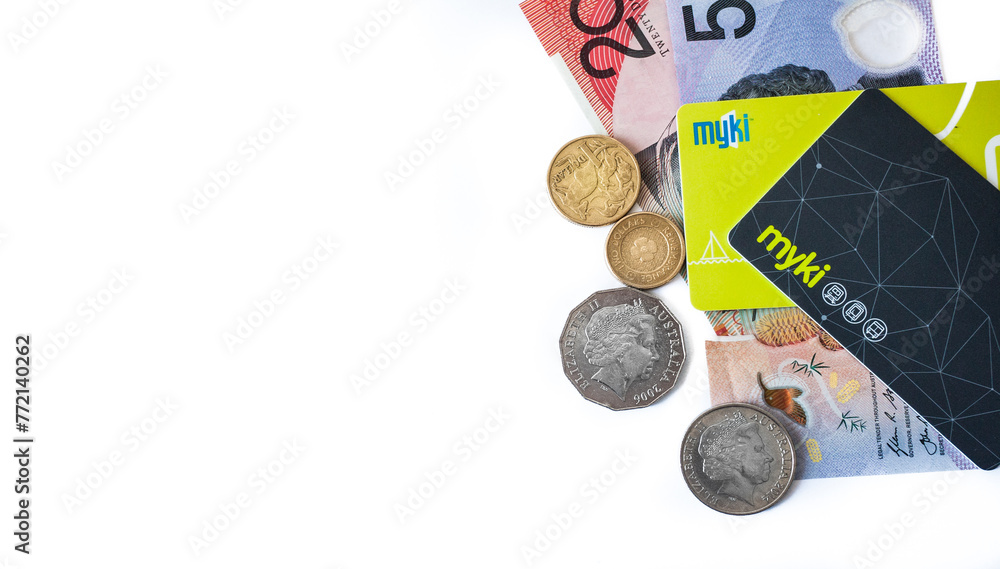 Myki travel cards and some Australian notes and coins. Myki is the ...