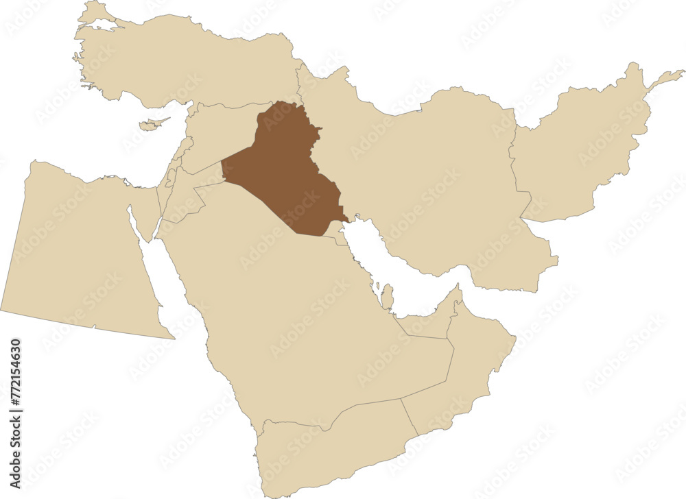 Dark brown detailed blank political map of IRAQ with black national ...