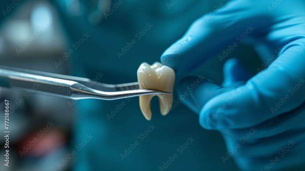 An up-close view of a dentist presenting a tooth model with various ...