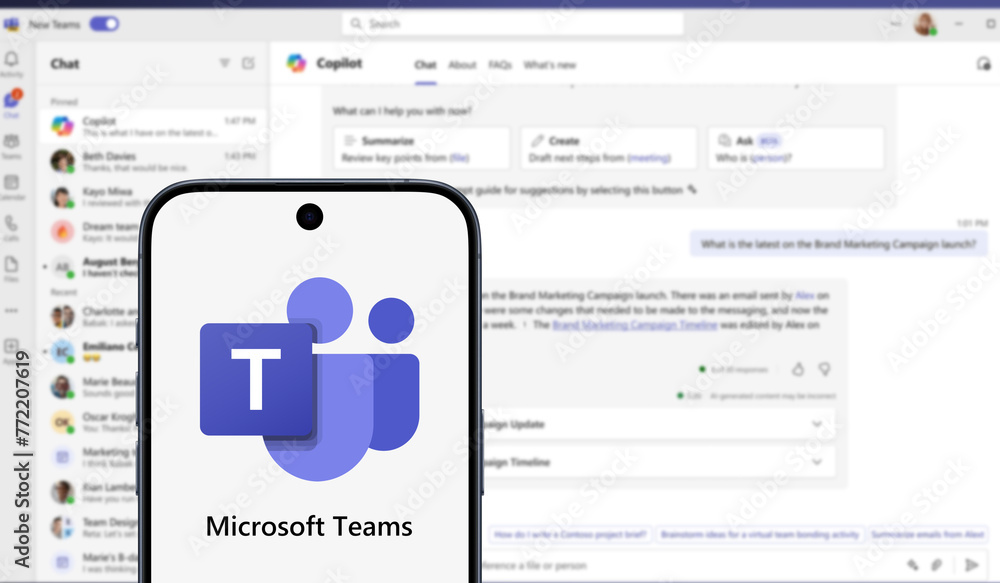 Microsoft Teams logo is displayed on a modern smartphone and ...