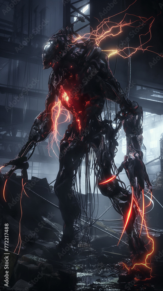 Scary horror background with scary black monster with red neon lines ...