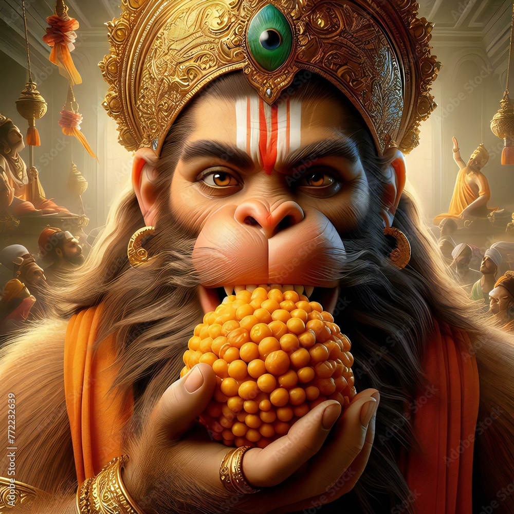 little hanuman ji eating ladoo, baby hanuman ji eating food Generative ...