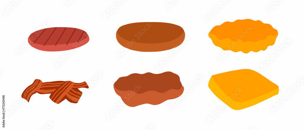 Set of cutlets for burger and sandwich in hand drawn cartoon flat style ...