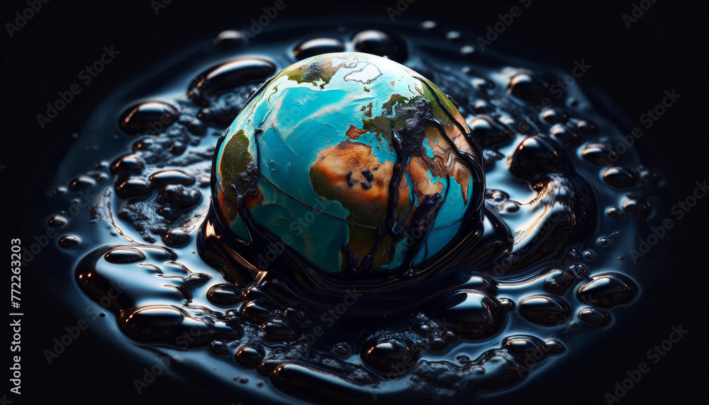 Detailed view of a small globe of Earth partially submerged in dark ...
