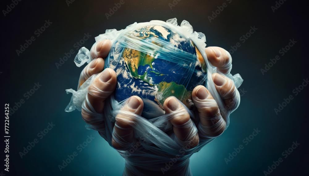 Close-up of a small Earth completely encased in clear plastic ...