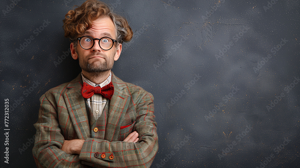 Eccentric professor with curly hair, glasses, and bow tie standing ...