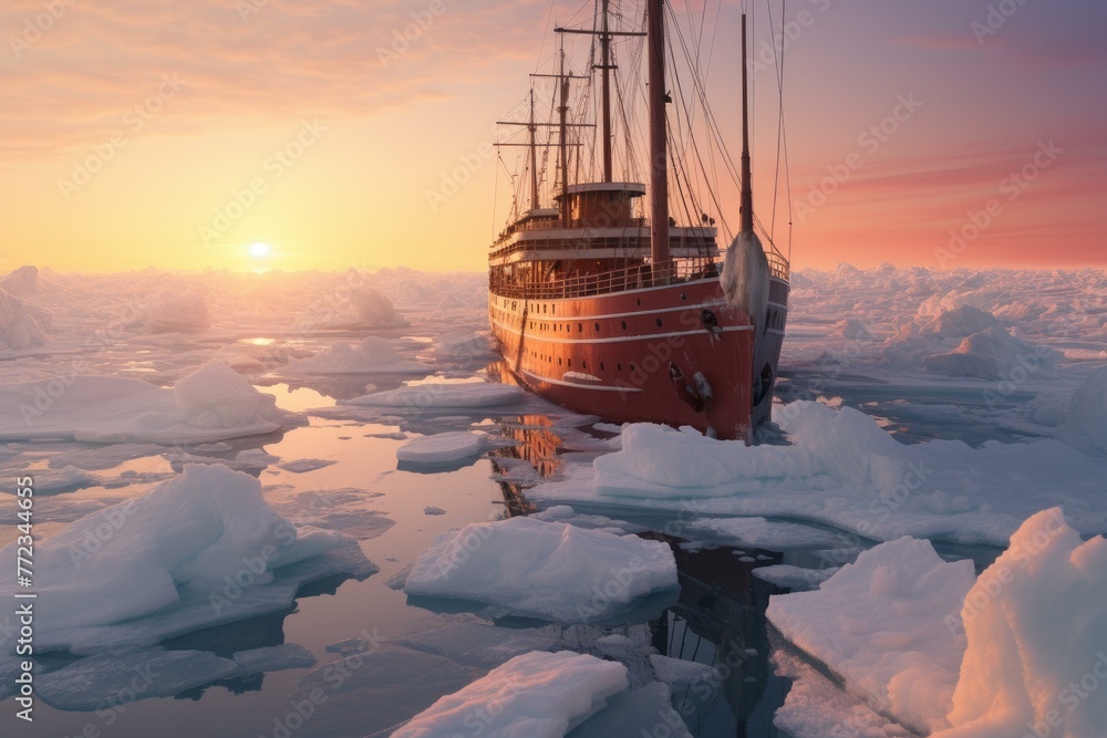 Serene Ship cruising among sea ice. Arctic expedition icebreaker boat ...