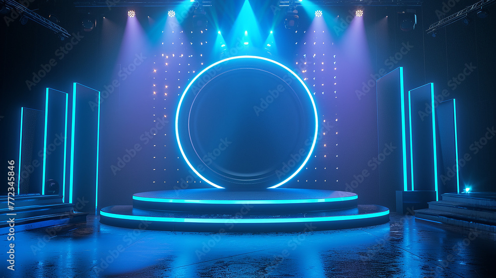 Winner podium with vibrant neon lights stage background Stock ...
