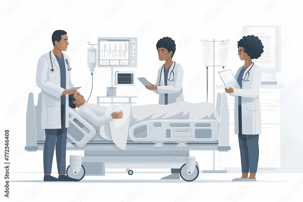 Patient lying on a hospital bed with medical staff doctors around him ...