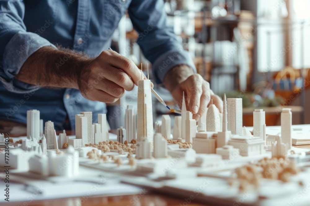 professional architect meticulously works on a blueprint with a ...
