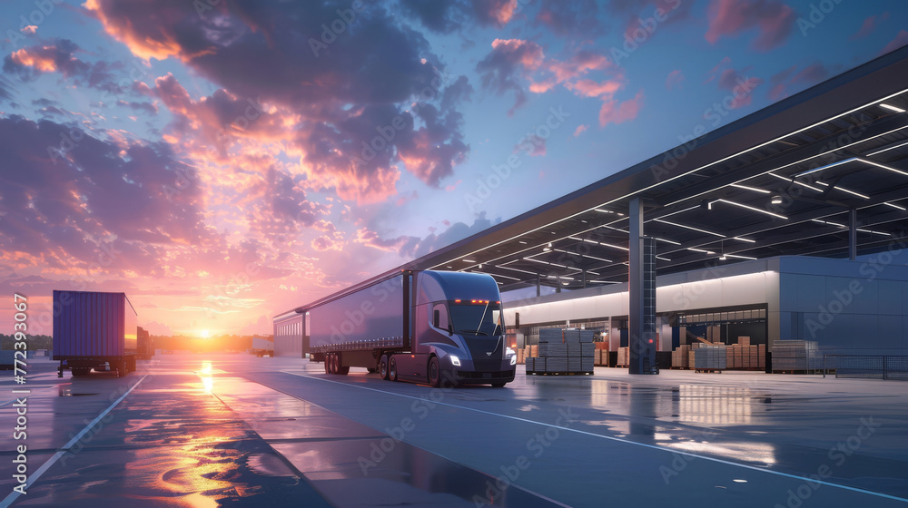 Electric trucks loading goods at a solar-powered logistics center ...