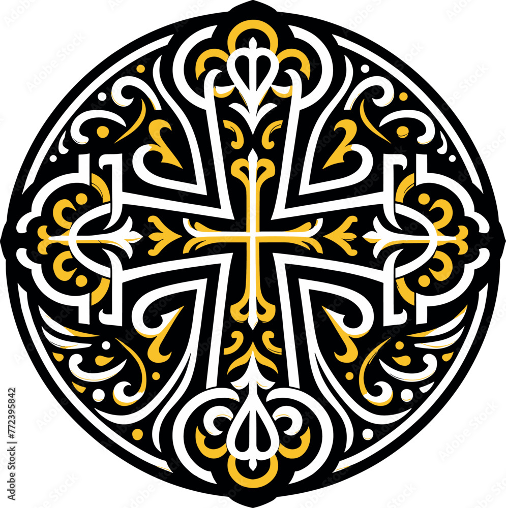 Vector illustration of an ornamental Christian cross, featuring a ...