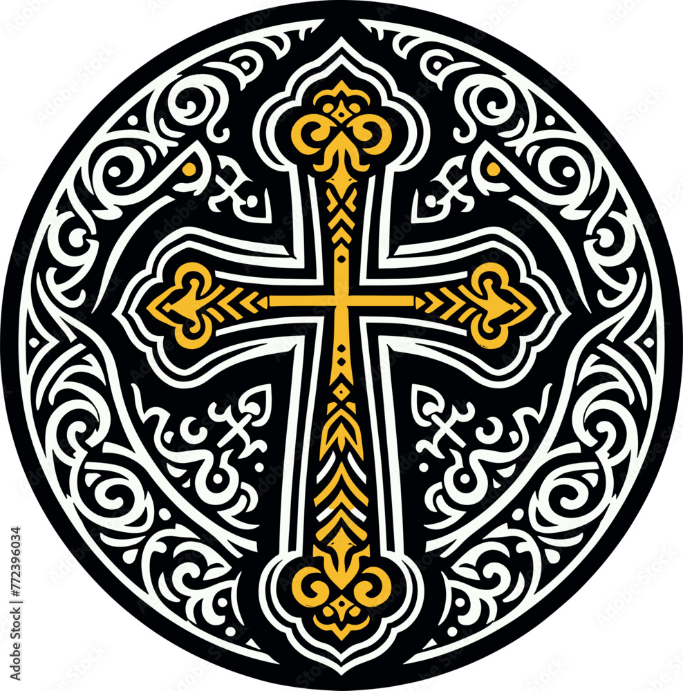 Vector illustration of an ornamental Christian cross, featuring a ...