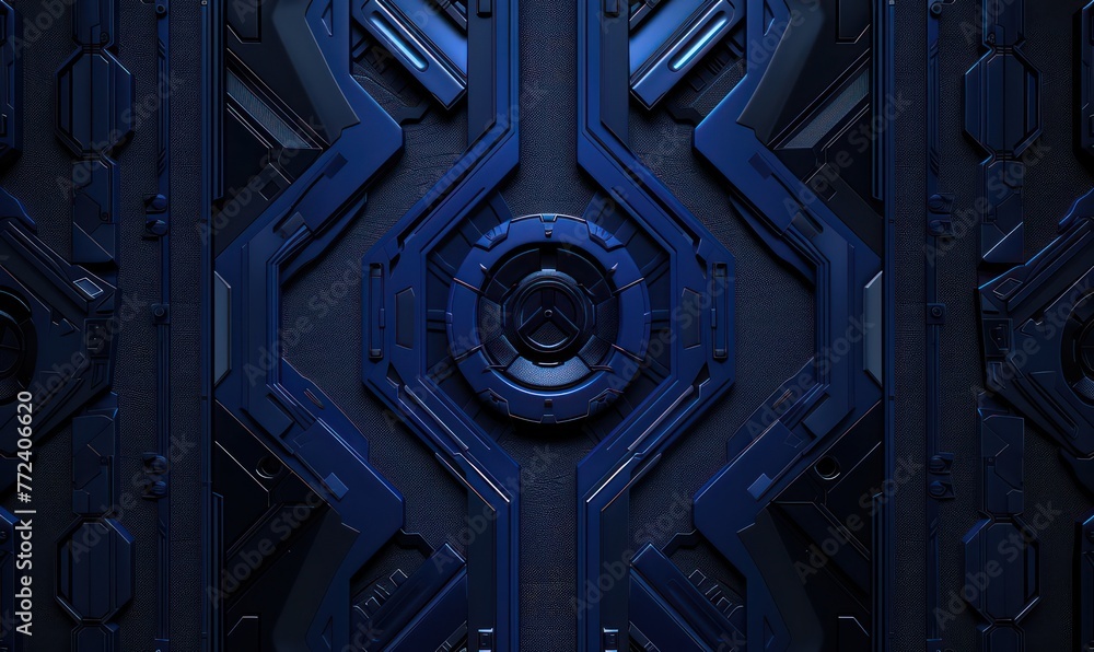 Detailed symmetrical metallic blue armor with intricate patterns and ...