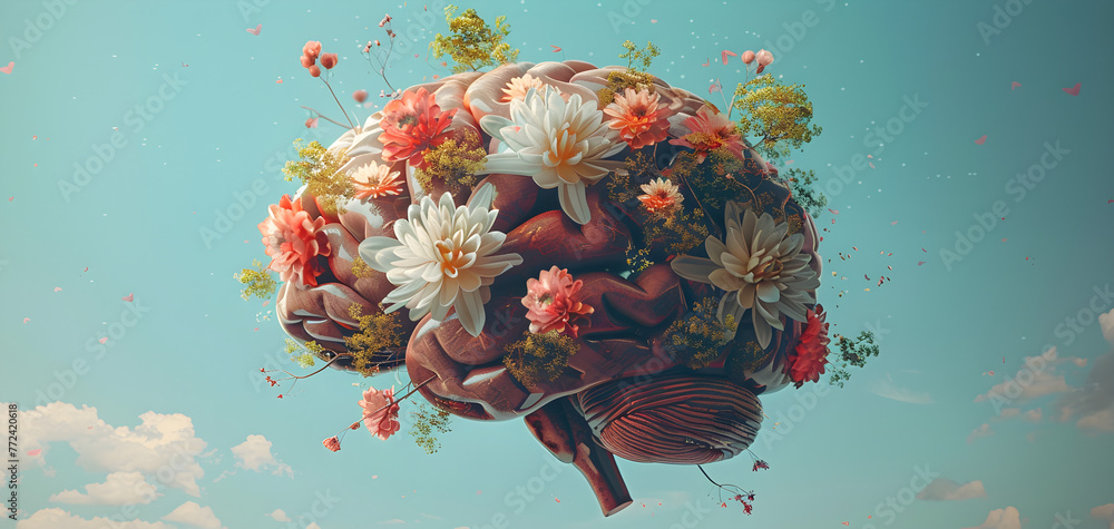 Human brain with flowers and trees, self care and mental health concept ...