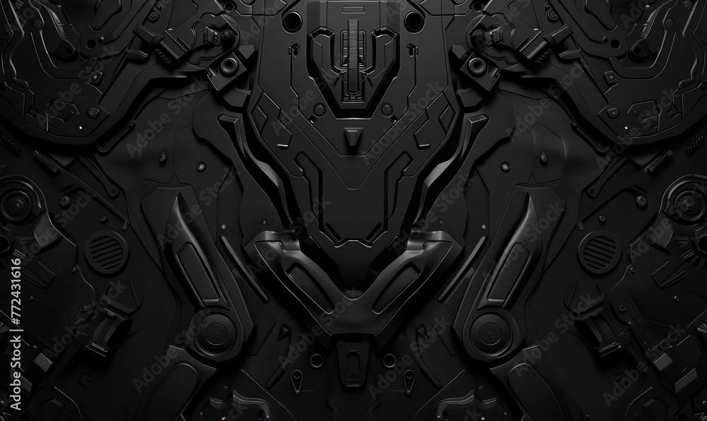 This image depicts a highly detailed, futuristic black robotic armor ...