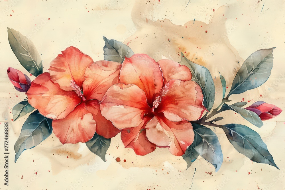 Delicate hibiscus flowers with rich warm tones painted in a watercolor ...