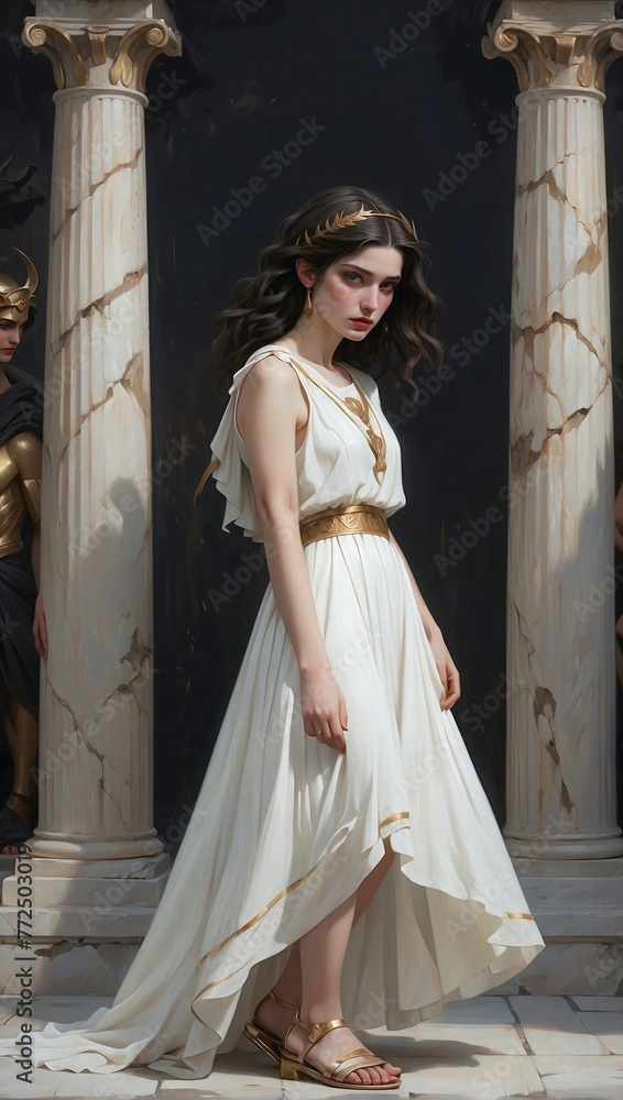 Beautiful young Greek woman with dark hair dressed in traditional ...