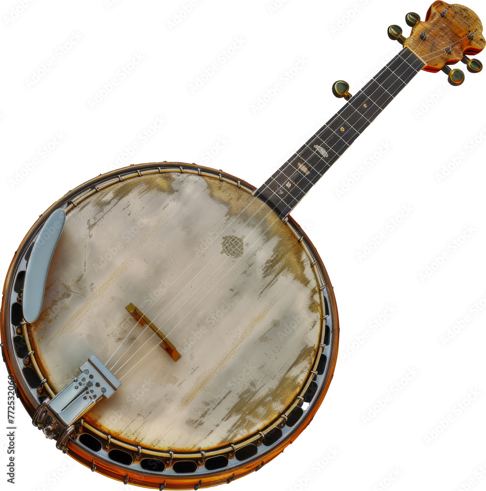 Aged banjo with a weathered body cut out on transparent background ...