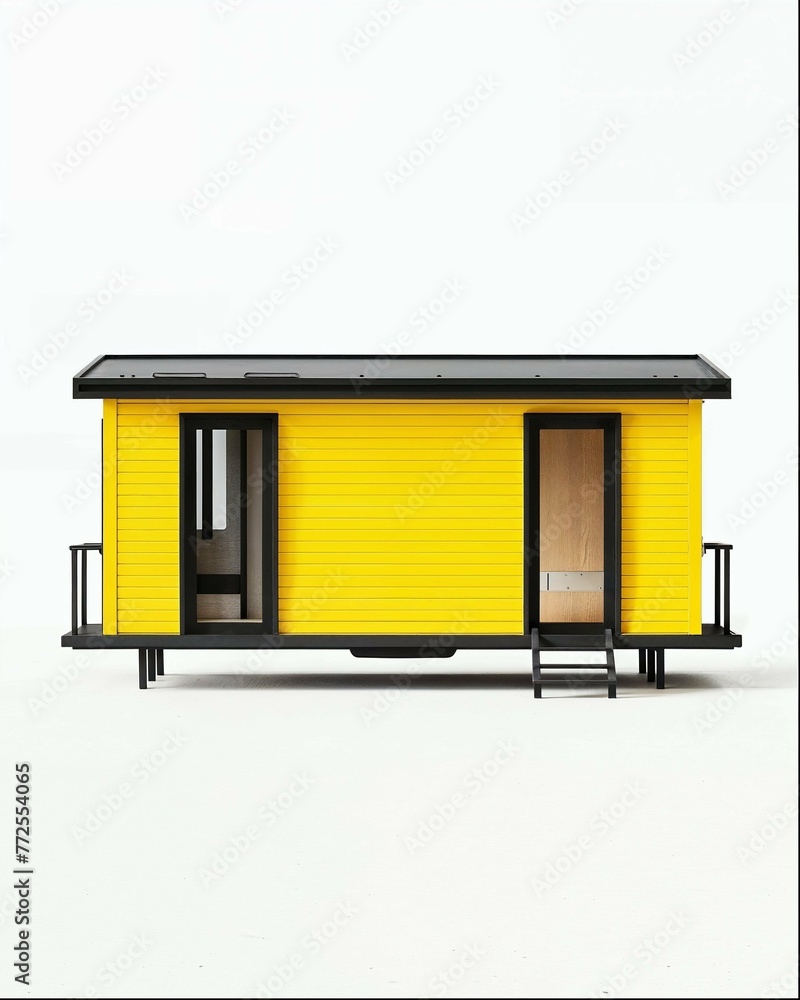 a small yellow and black mobile home with sliding doors on wheels ...