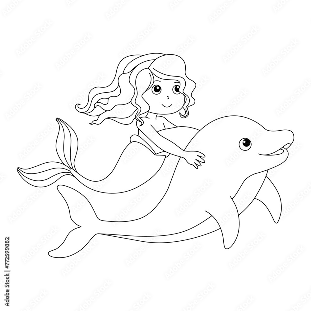 Beautiful Mermaid and a Dolphin Coloring Page for Kids. Little Mermaid ...