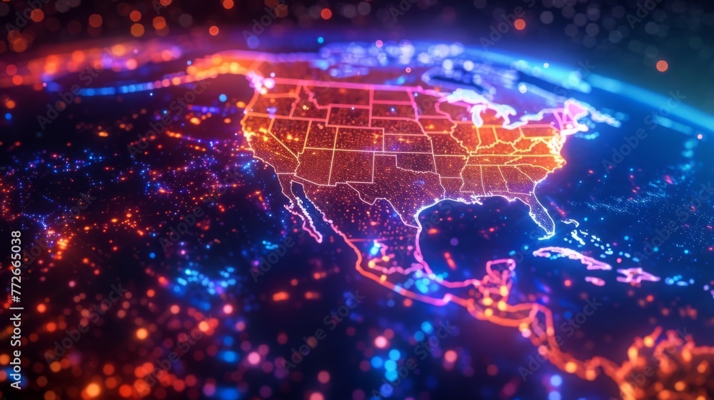 A map of the United States depicted in vibrant neon colors ...