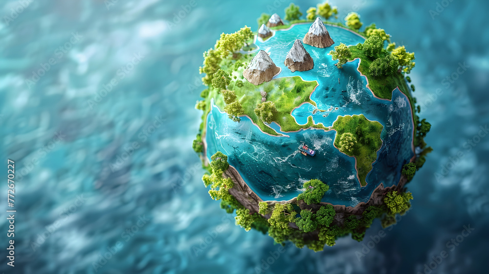 Symbolic 3D globe with elements of human activity and nature, promoting ...
