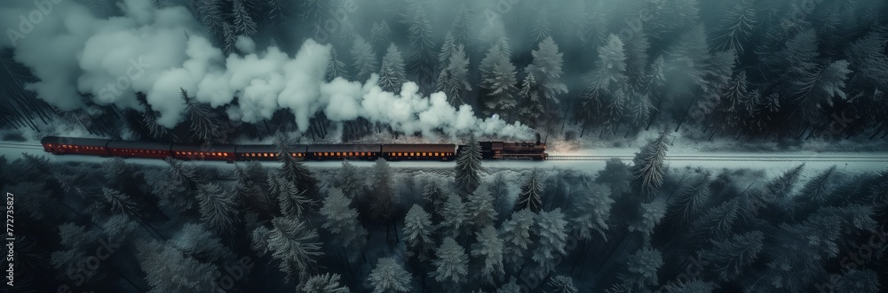 Top down view of steam train going throw dark hazy forest. Long side ...