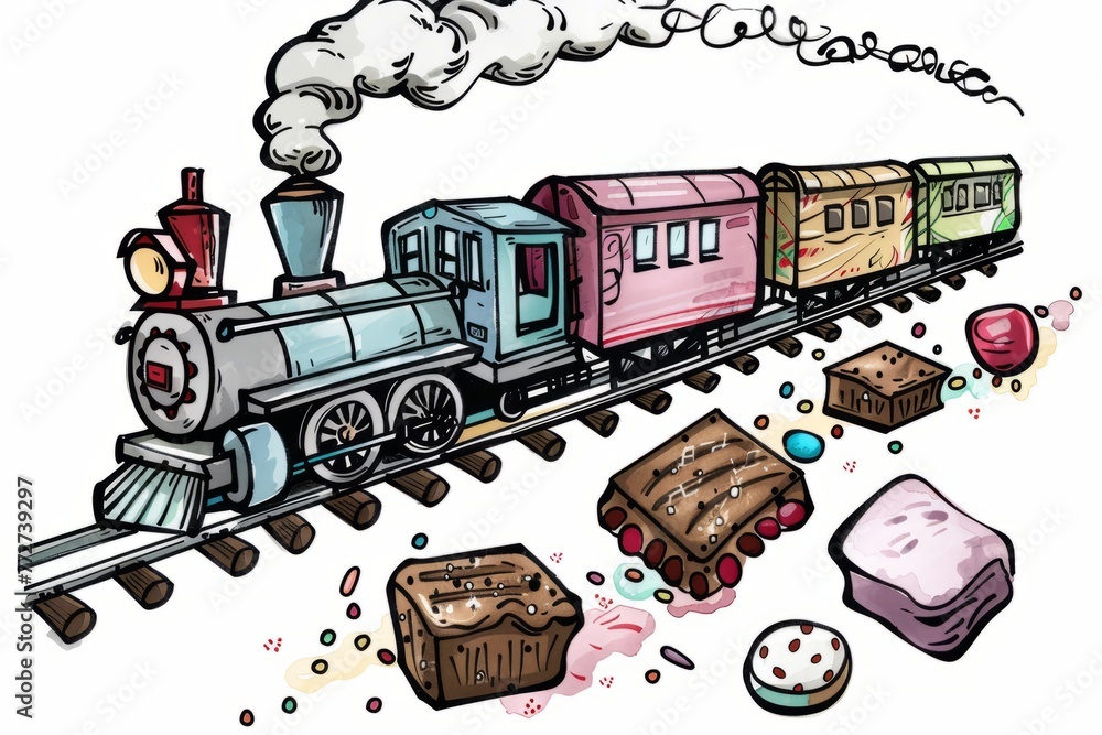 Cartoon cute doodles of a candy train chugging along tracks made of ...