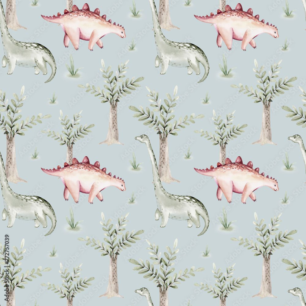 ภาพประกอบ Stock Watercolor dinosaur seamless pattern. Hand painted cute ...