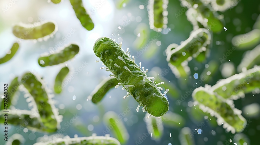Microscope view of vibrant green bacterial cells flowing, rod-shaped ...