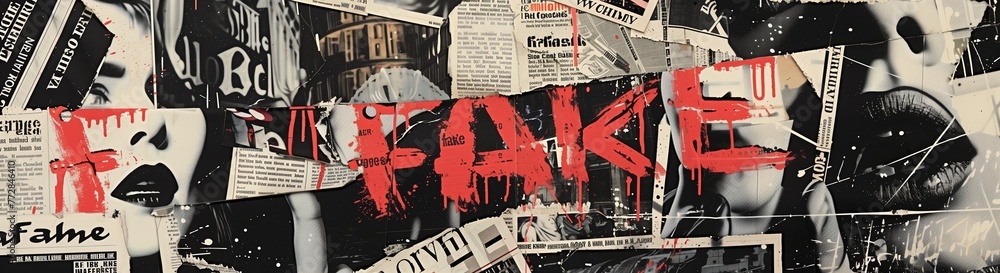 Collage of newspaper clippings and pop art elements with bold 'FAKE ...