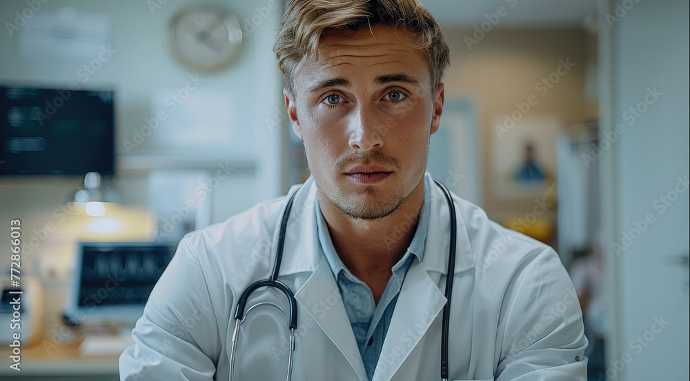 Handsome doctor in a lab coat and with a stethoscope sits behind a desk ...