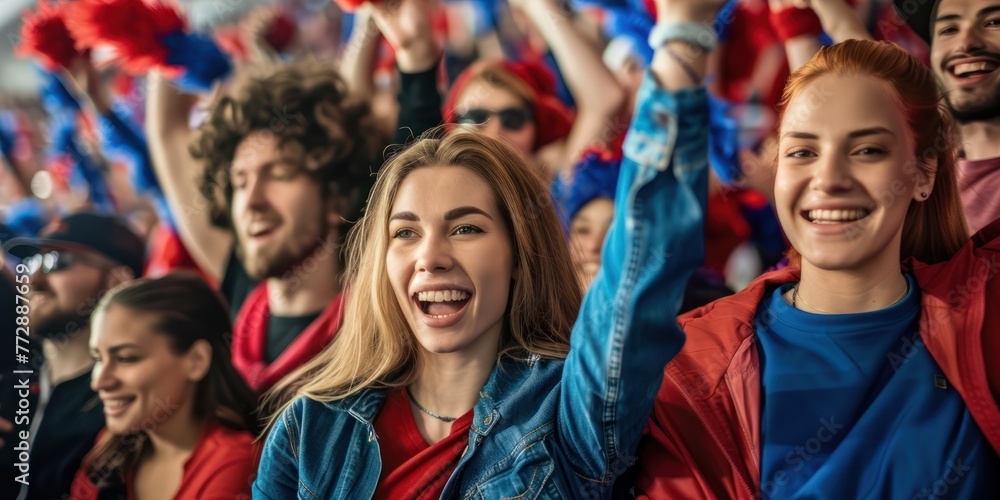 Sport Stadium Soccer Match: Diverse Crowd of Fans Cheer for their Red ...