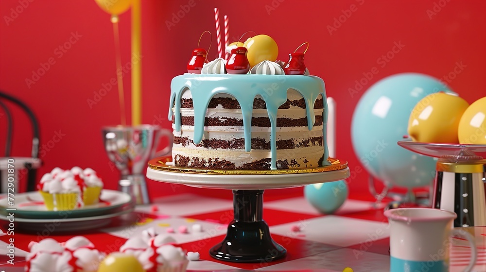 A retro-inspired cake with a 1950s diner vibe, featuring bold colors ...