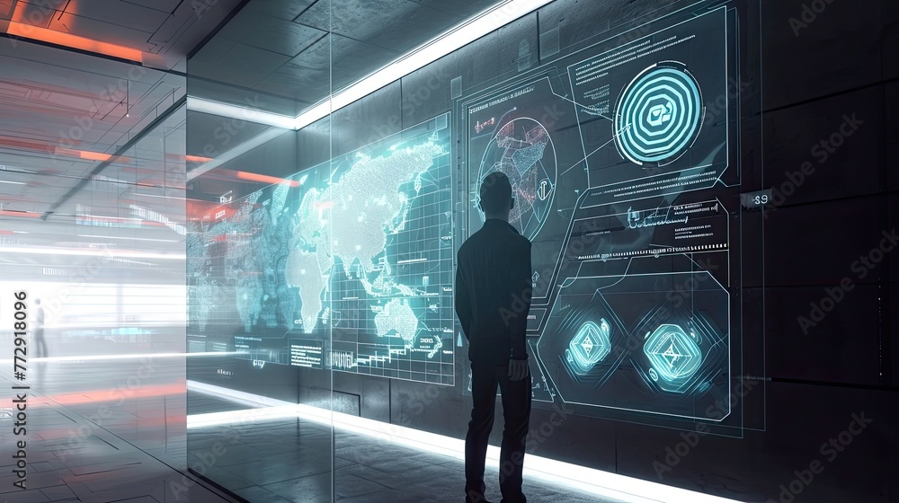 Transparent futuristic screen with interactive data and graphs ...