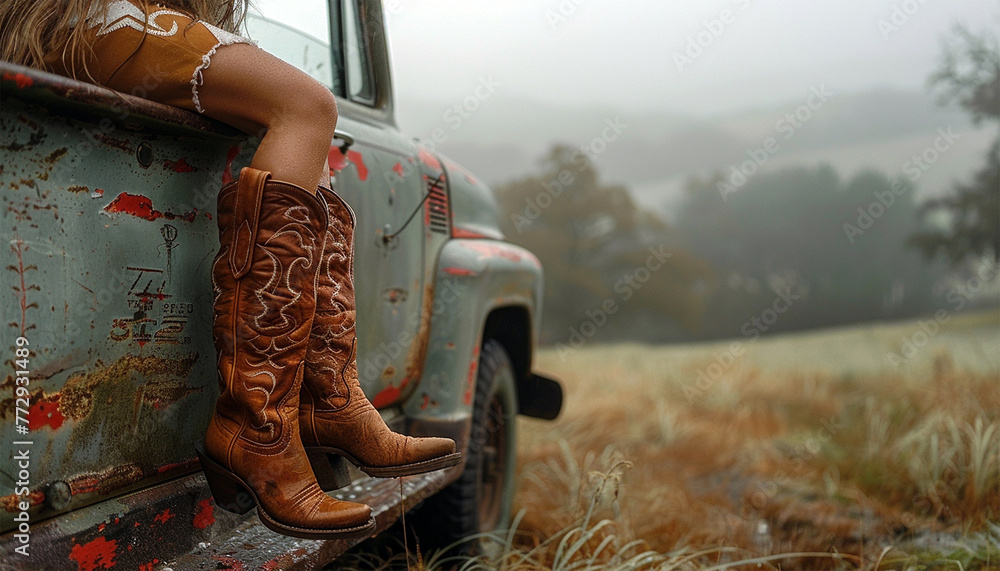 Female feet in cowboy boots sticking out of a car window with a ...