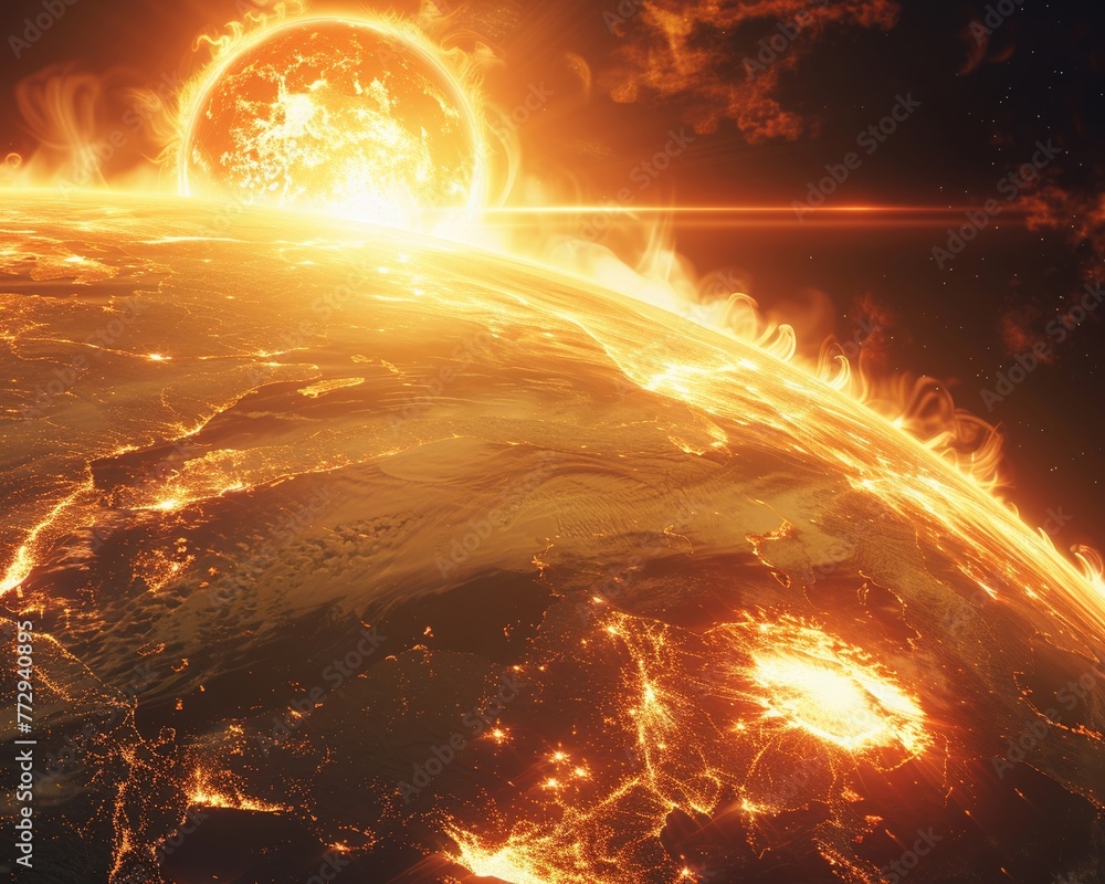 Sun looming large over Earth, intense glow, dramatic scale increase ...