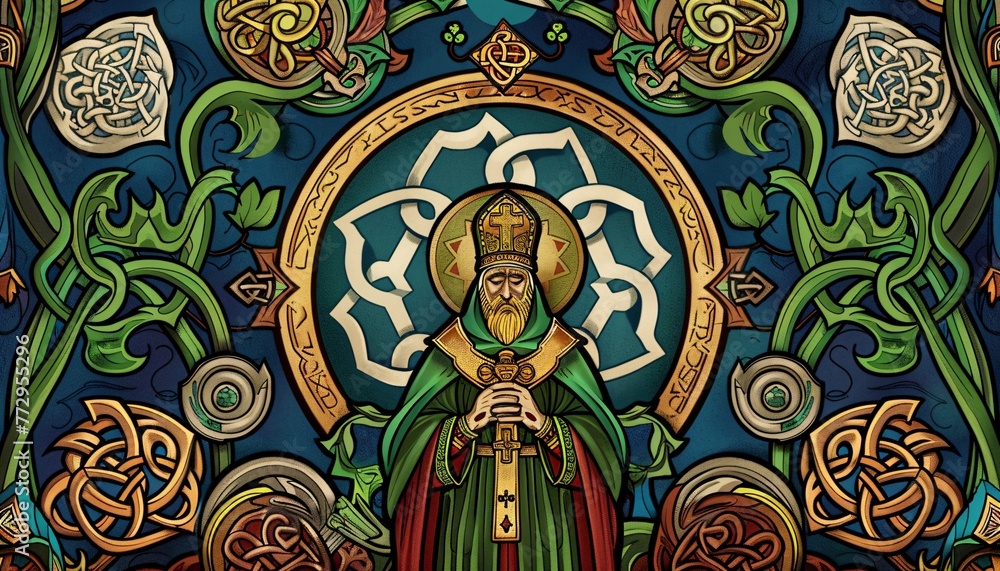 St. Patrick's Day Celebration A Vibrant Stained Glass Artwork of a Monk ...