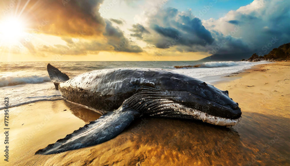 Close-up of a huge dead humpback whale beached on a sandy beach on the ...