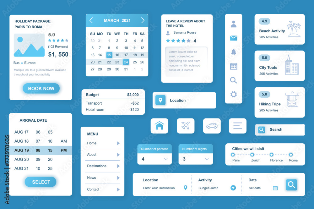 User interface elements set for Travel agency mobile app or web. Kit template with HUD, calendar ...